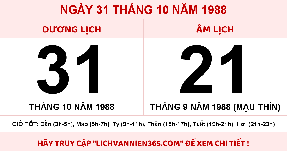 Lịch âm 31/10 – Âm lịch hôm nay 31/10/1988 chính xác nhất